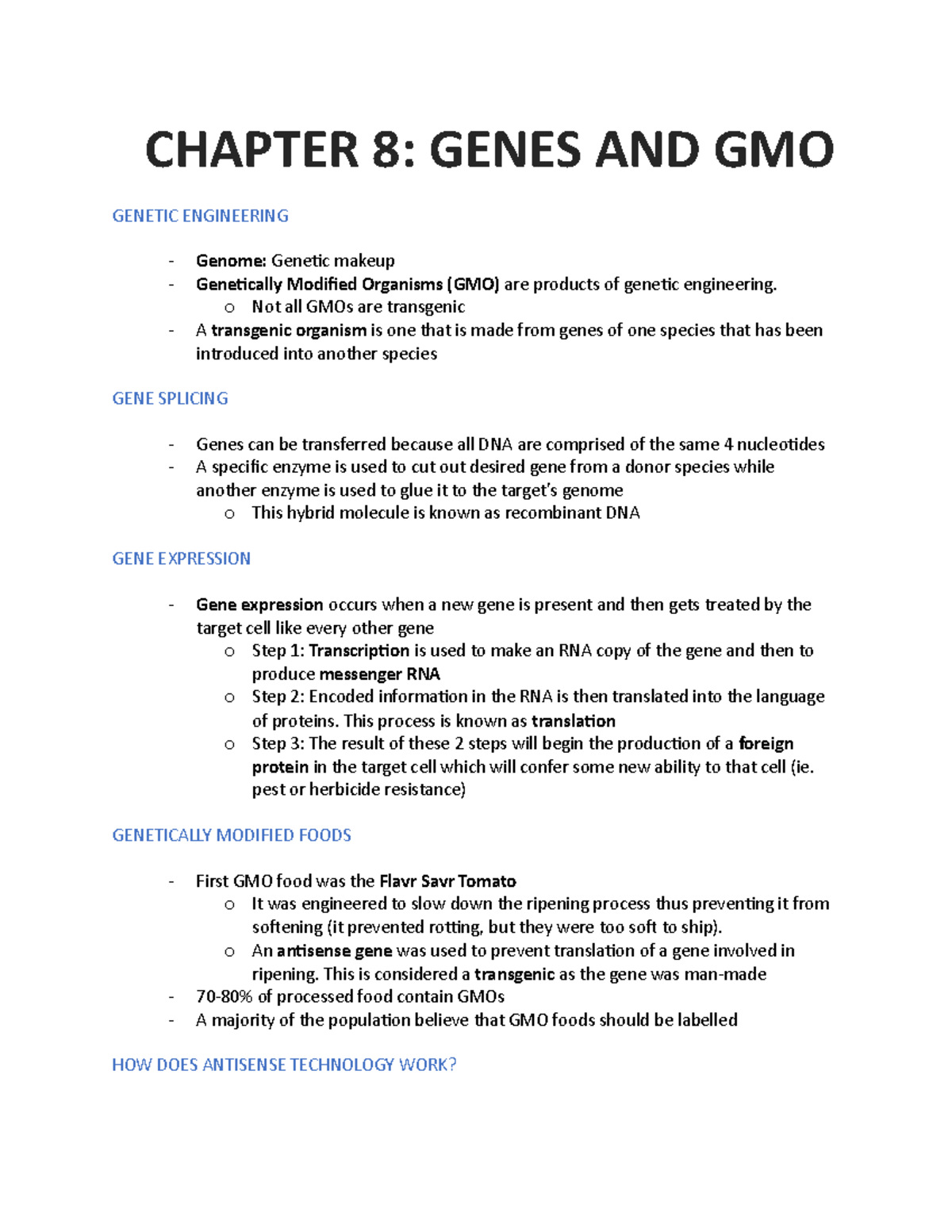 Chapter 8: Genes, GMO, and Genetic Engineering Overview - Studocu