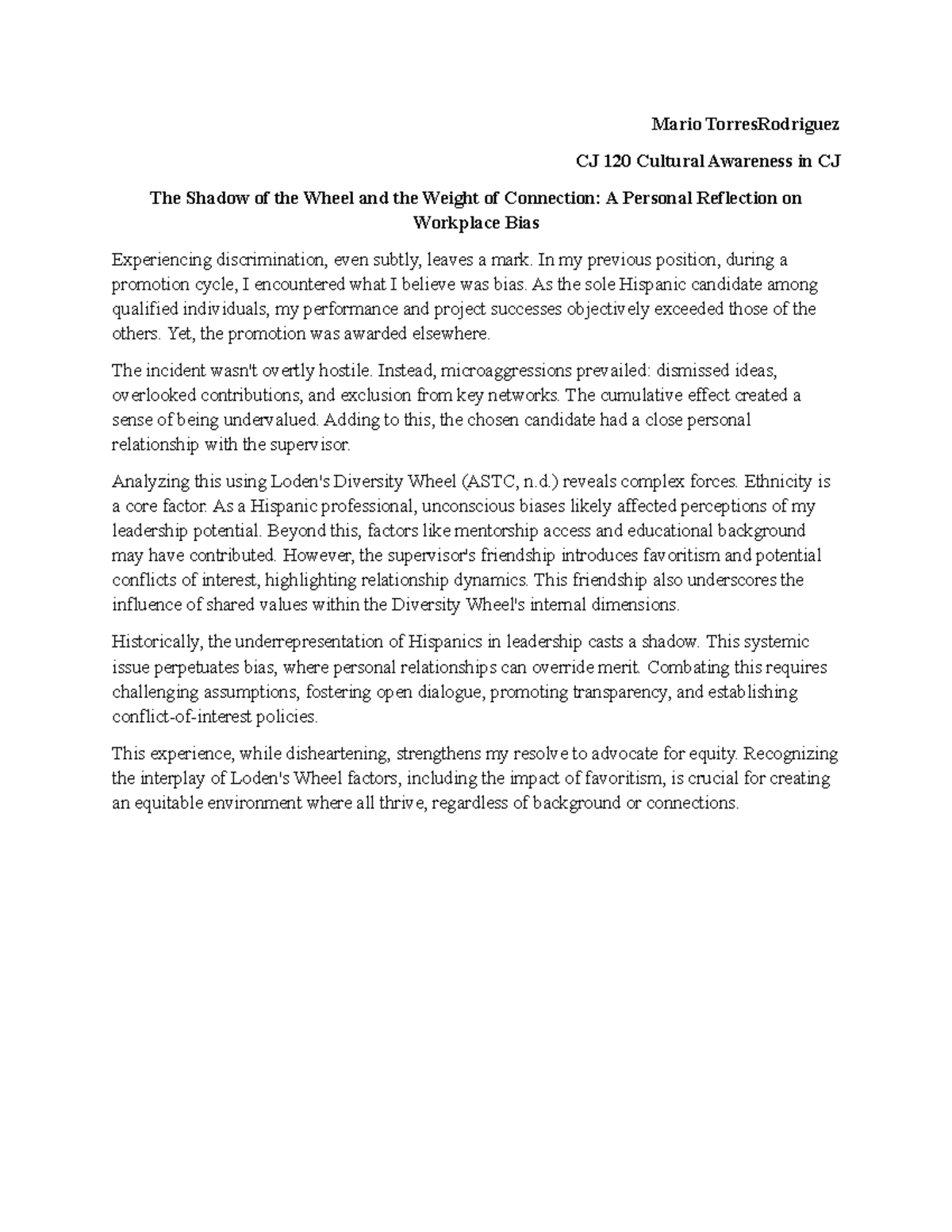 CJ 120 Module 1 Journal Entry: Reflections on Workplace Bias and Equity - Studocu