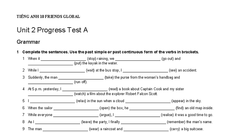 TIẾNG ANH 10 FRIENDS GLOBAL Unit 2 Progress Test A Grammar & Vocabulary ...