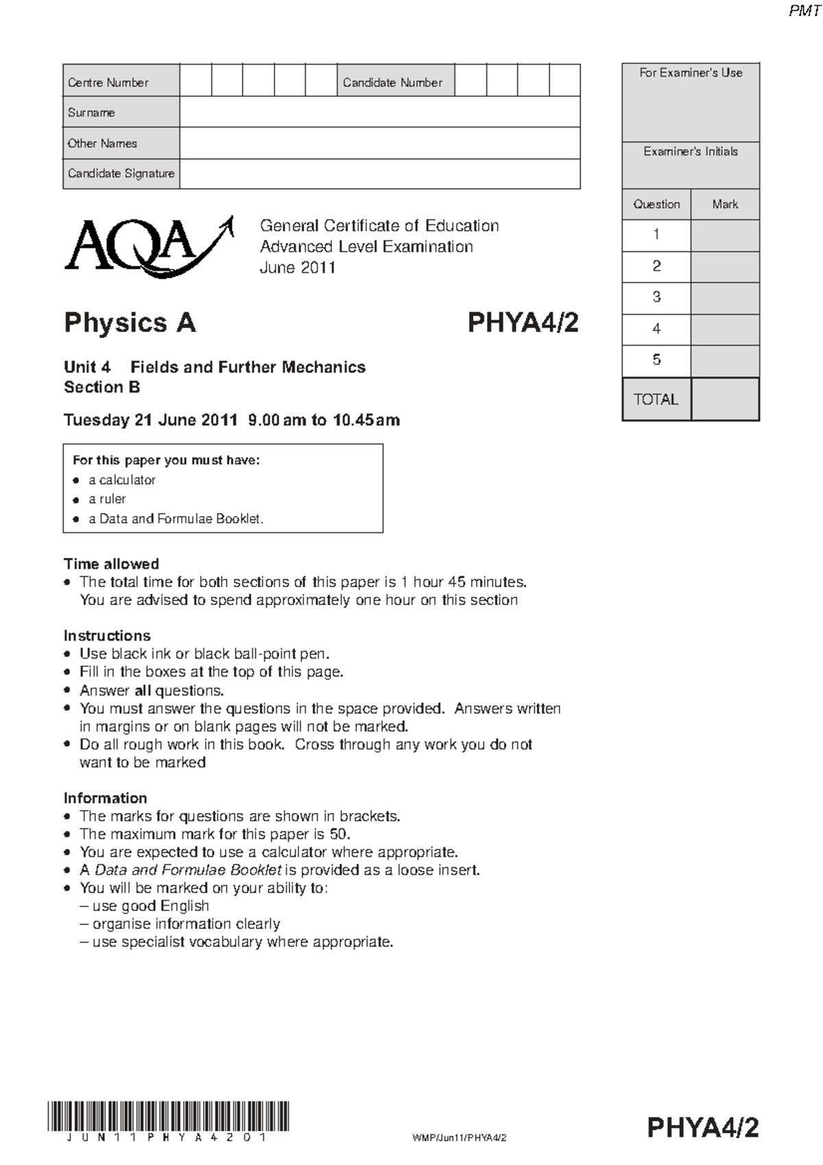 A-level Physics A Unit 04 - Fields and Further Mechanics Exam Paper ...