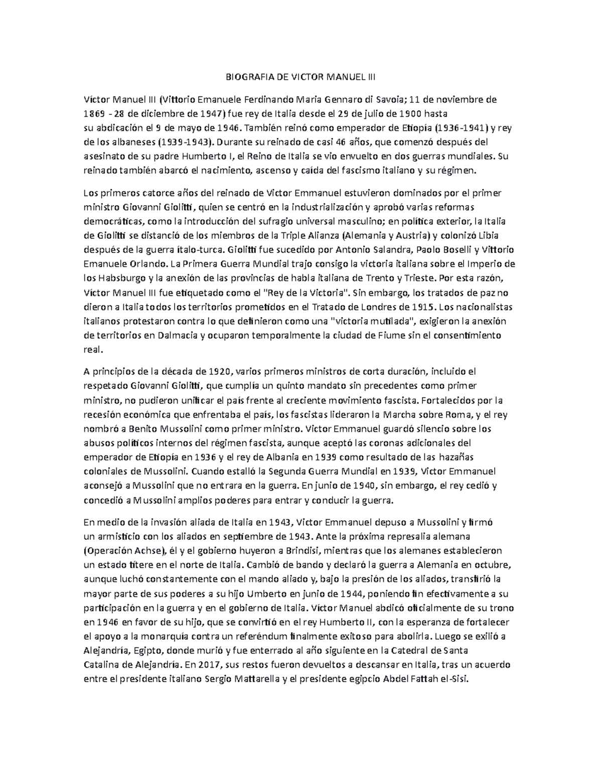 Biografia DE Victor Manuel III - BIOGRAFIA DE VICTOR MANUEL III Víctor ...