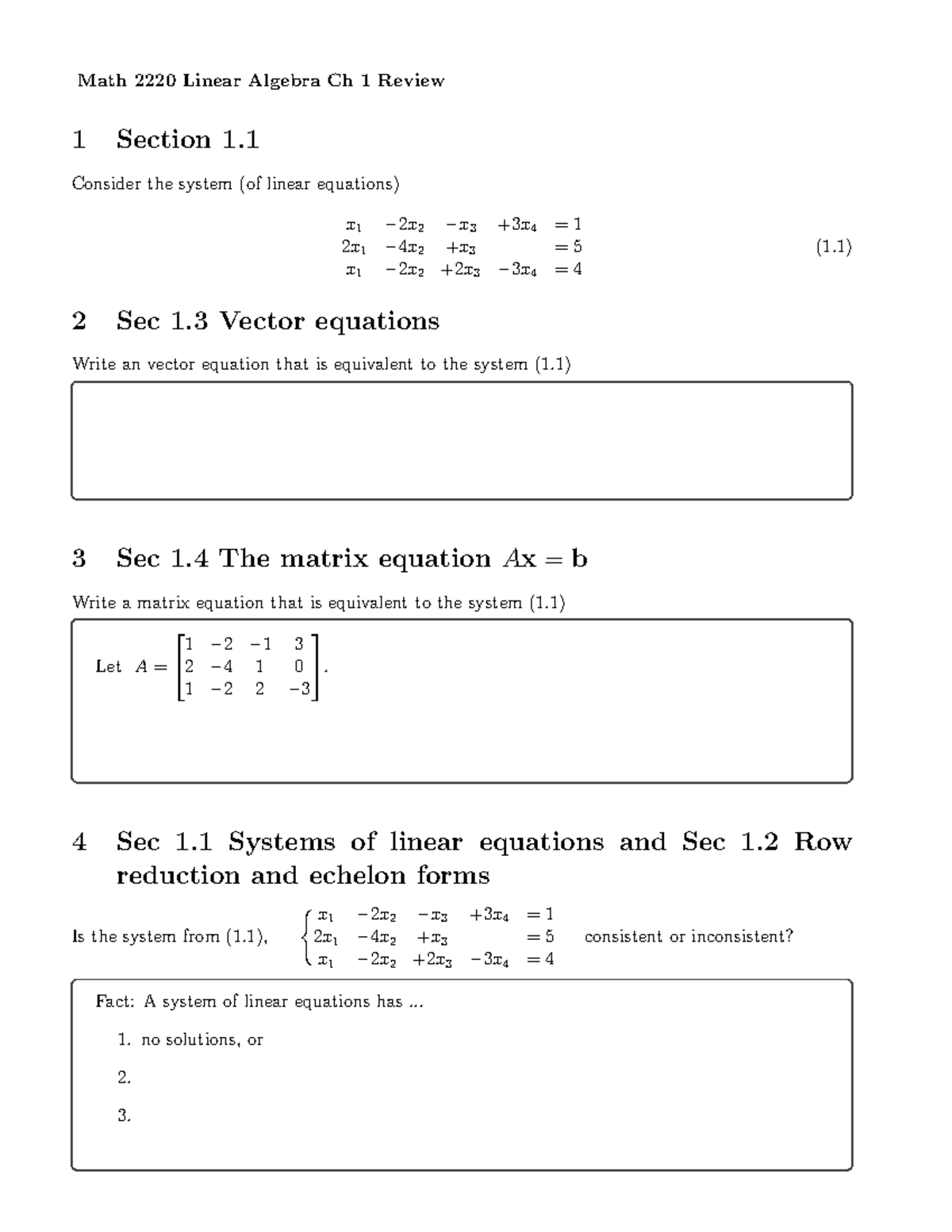 Math Linear Algebra MATH101 Ch 1 Review: Systems & Solutions - Studocu