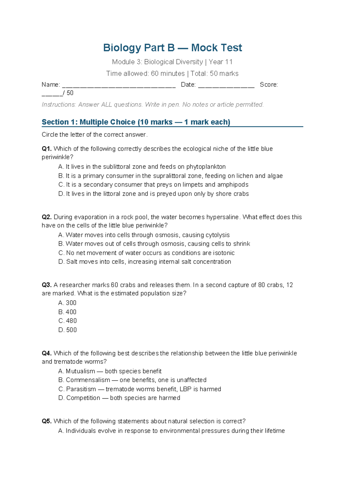 Biology Year 11 Mock Test: Module 3 - Biological Diversity - Studocu