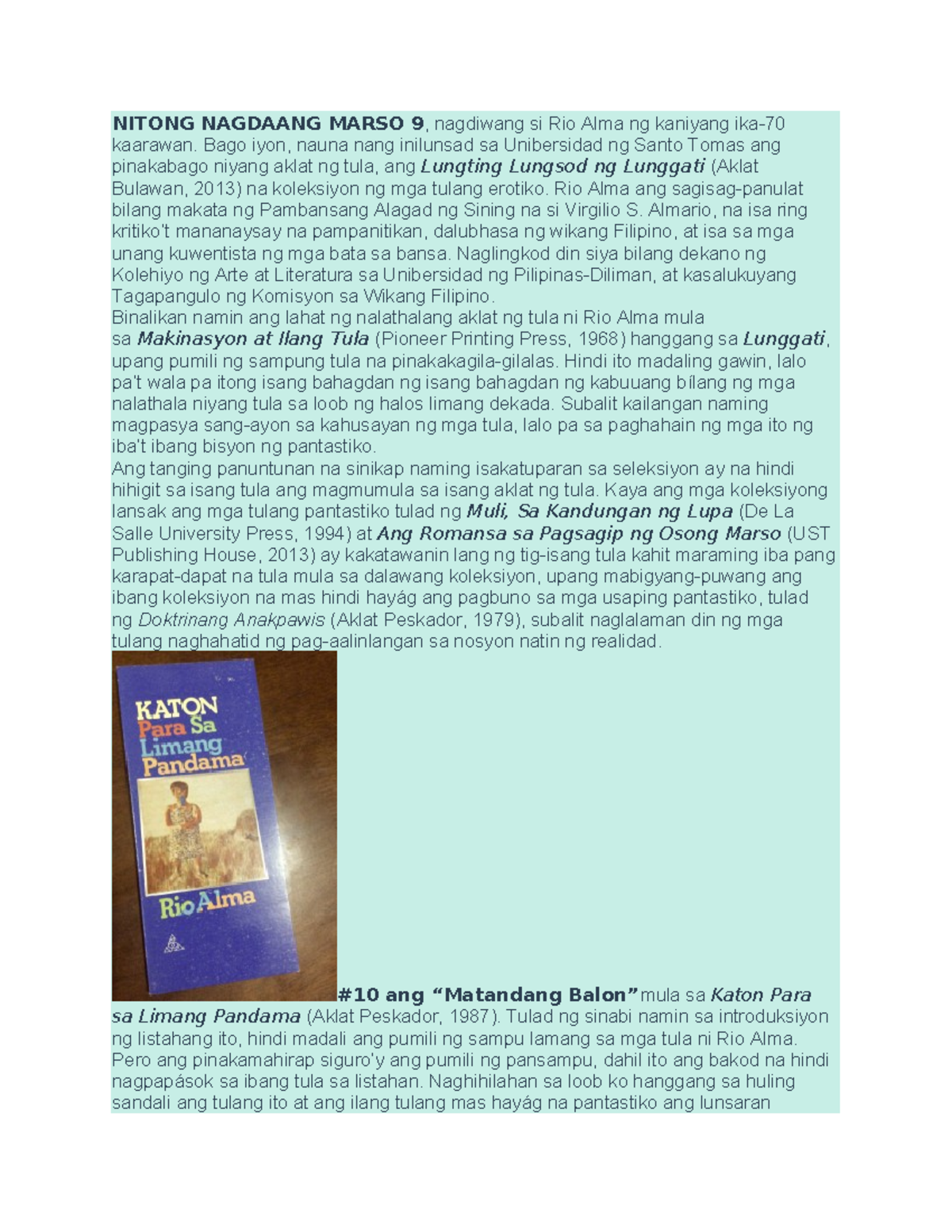 NITONG NAGDAANG MARSO: Pagsusuri sa Sampung Tula ni Rio Alma - Studocu