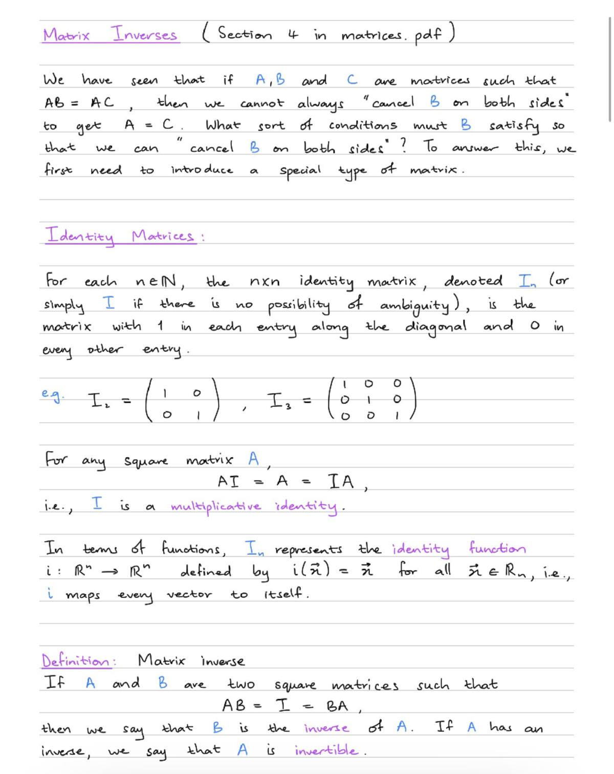 Matrix Inverses - Section 4 Notes (MATH 35) - Studocu
