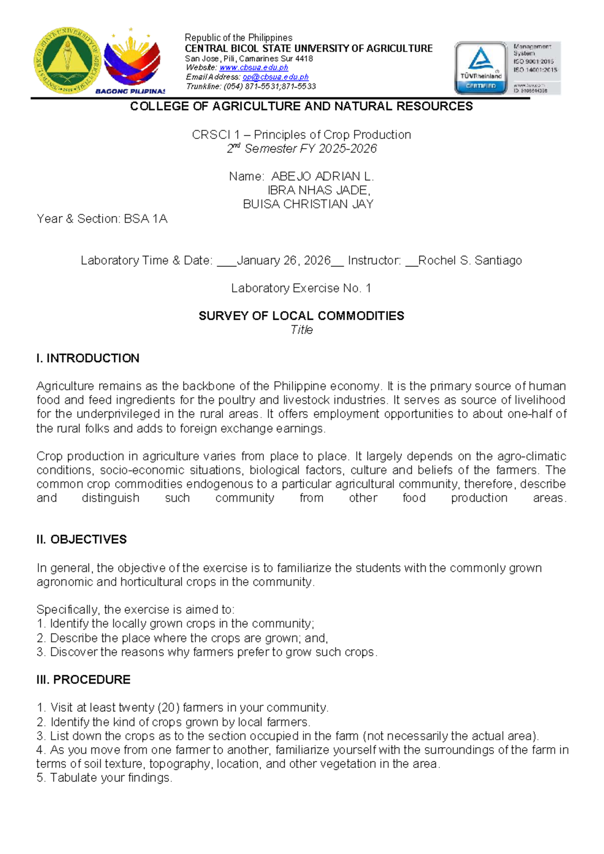 CRSCI 1 Lab Exercise 1: Survey of Local Crop Commodities - Studocu