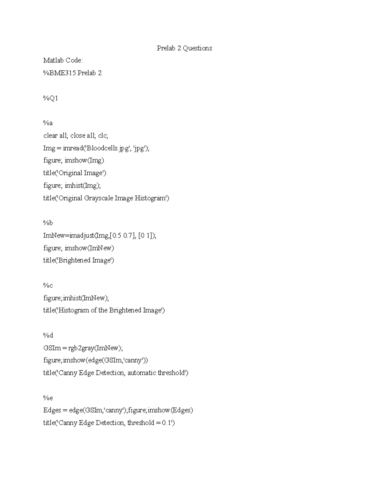 BME 315 Prelab 2: Image Analysis of Blood Cells Using Matlab - Studocu