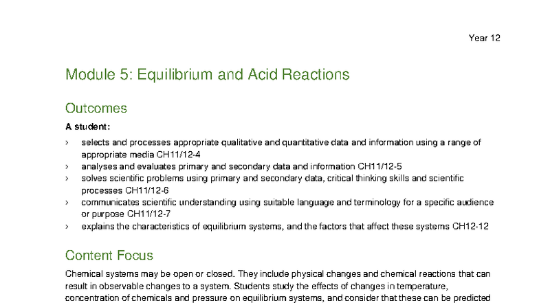 Year 12 Chemistry Syllabus: Module 5 & 6 - Equilibrium & Reactions ...