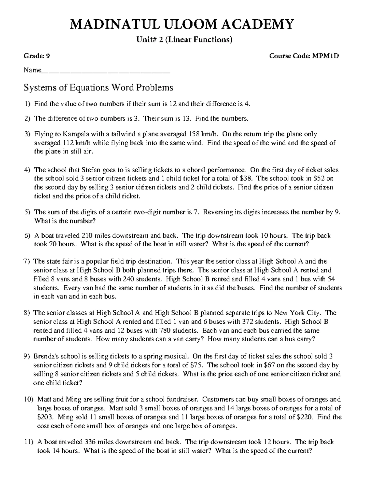MUA MPM1D Grade 9 Math Formula Sheet for Area & Perimeter of Shapes ...