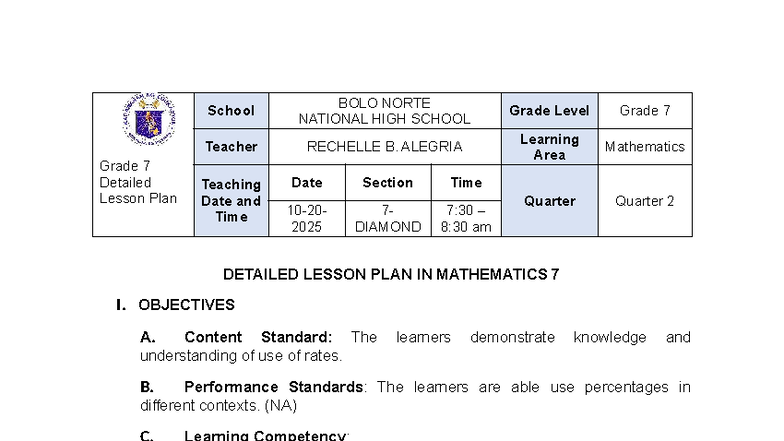 DLP IN MATH 7: Solving Problems Involving Rates (Quarter 2) - Studocu