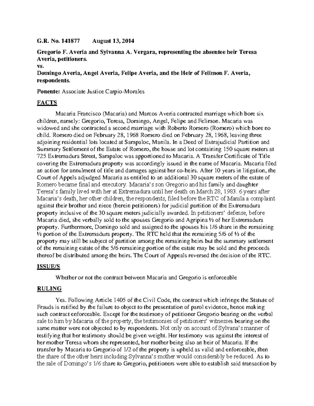 LIM 141877 Averia v. Averia - Case Analysis Notes - Studocu