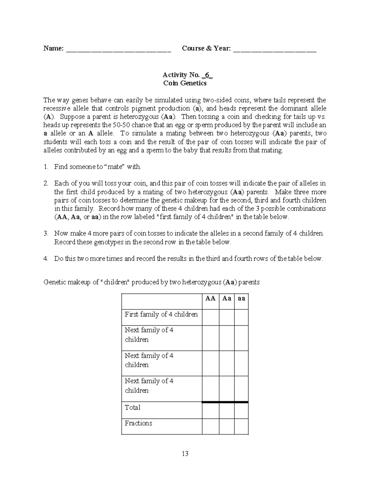Coin Genetics Activity No. 6: Simulating Allele Combinations - Studocu