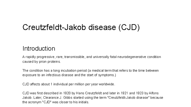CJD Overview: Symptoms, Classification, and Etiology - Studocu