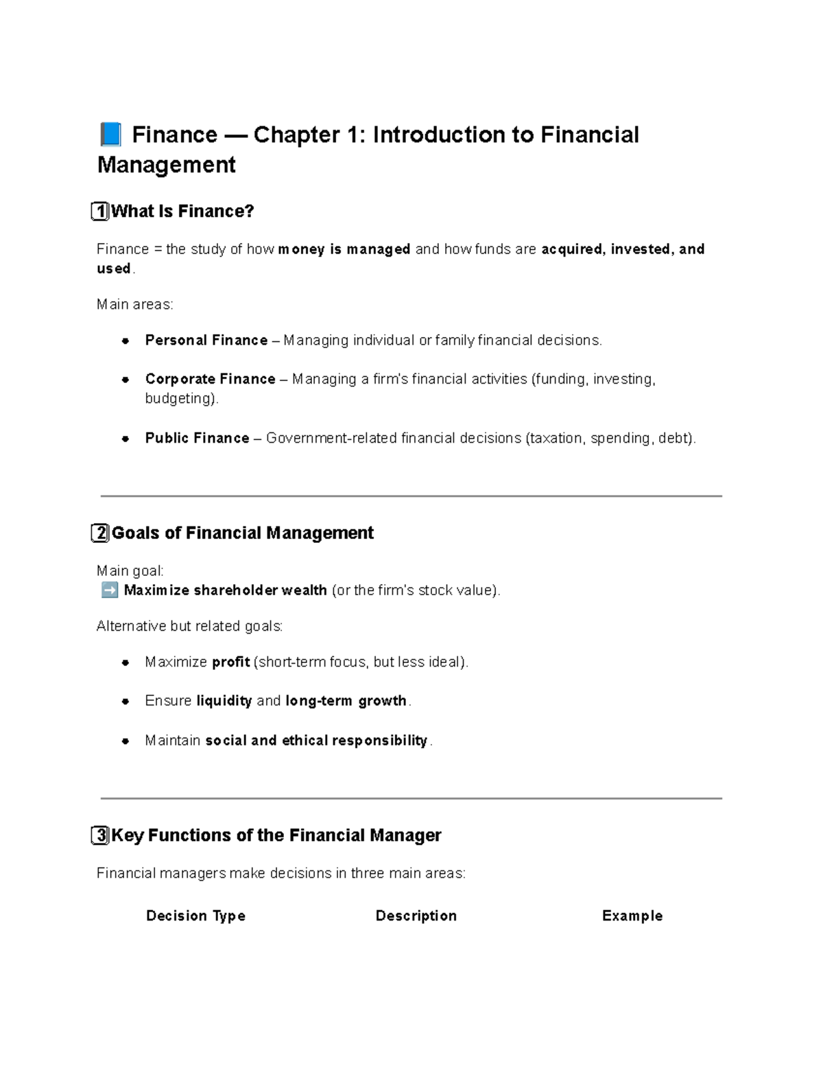 Finance Chapter 1: Intro to Financial Management Study Guide - Studocu