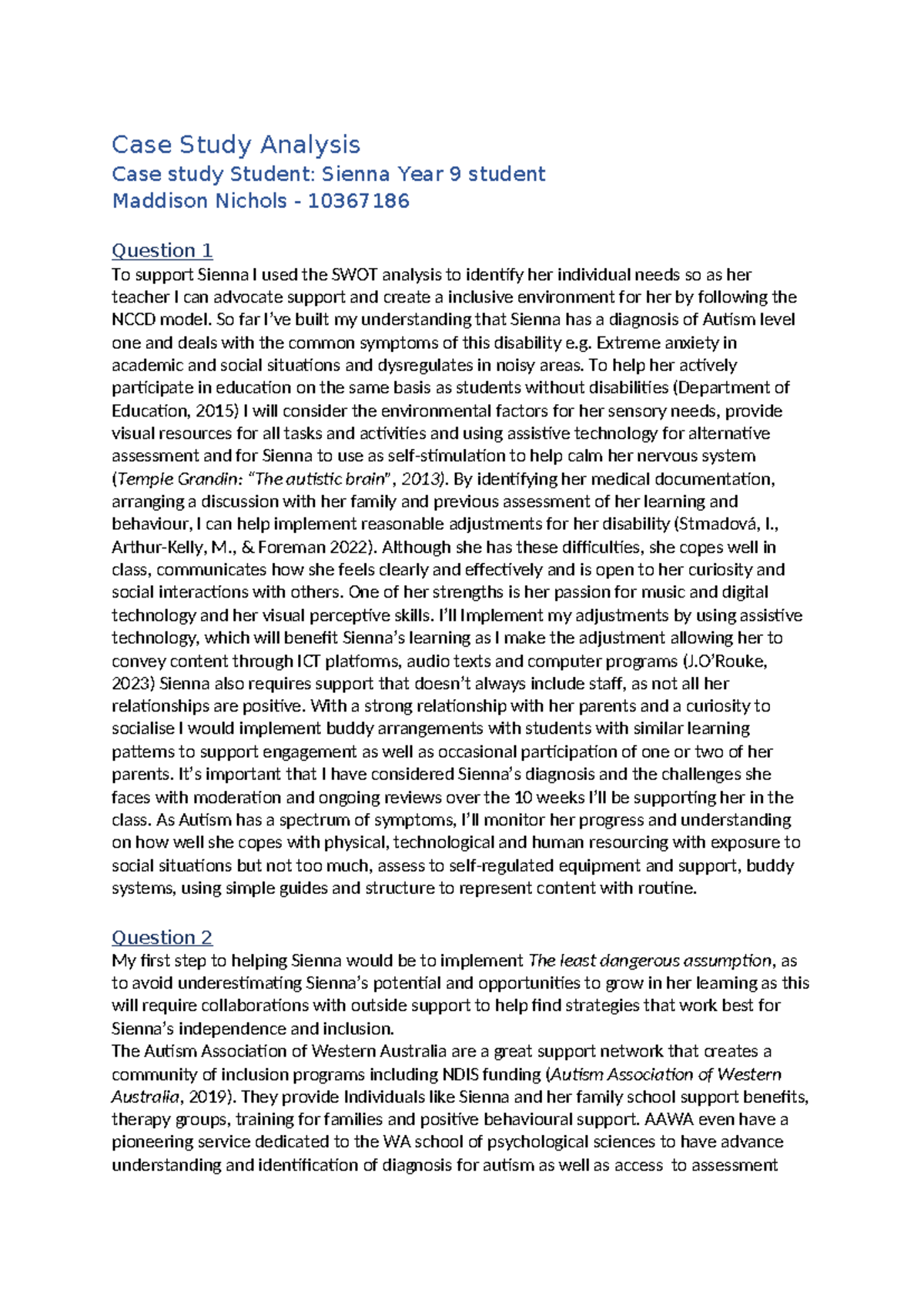 Case Study Analysis: Supporting Sienna - Year 9 Autism Needs - Studocu