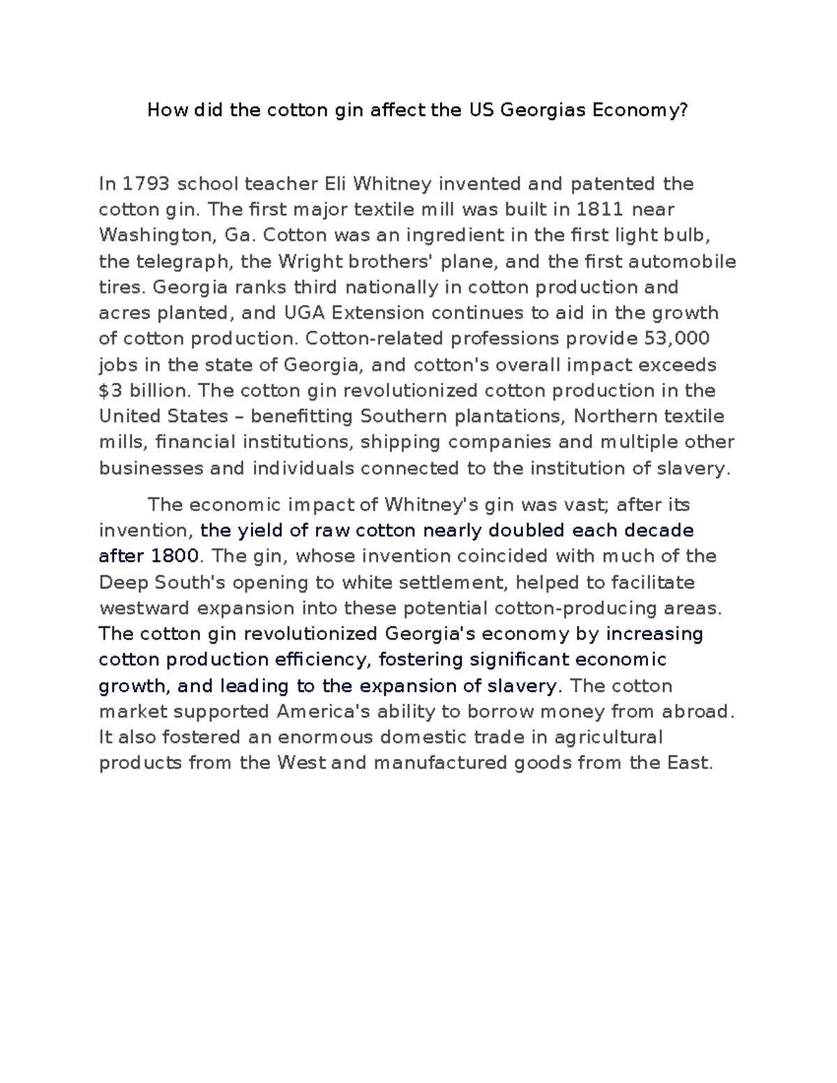 The Impact of the Cotton Gin on Georgia's Economy: A 1793 Innovation ...