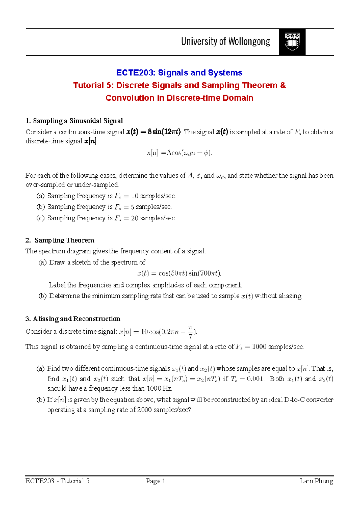 ECTE203 Tutorial 05 Questions - ECTE203 - Tutorial 5 Page 1 Lam Phung ...