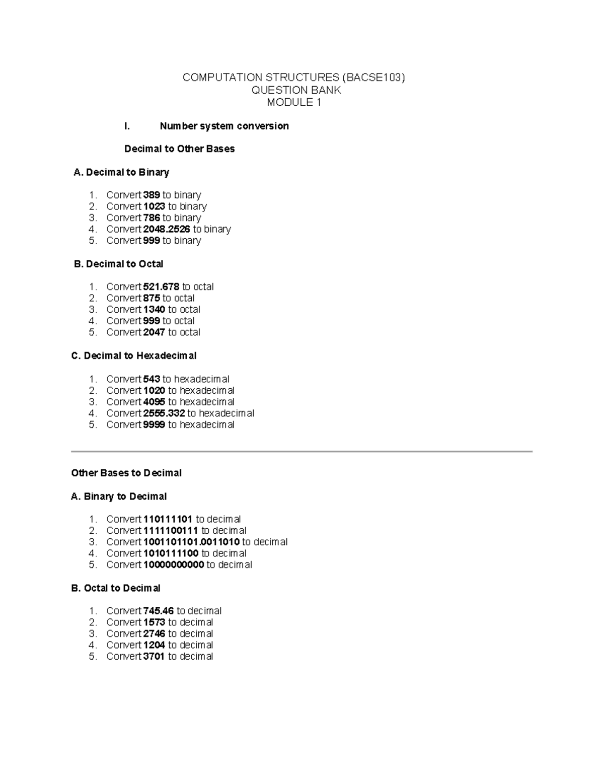 Computation Structures (BACSE103) Question Bank - Module 1 - Studocu