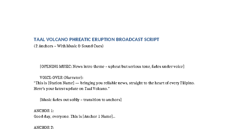 TAAL VOLCANO PHREATIC ERUPTION BROADCAST SCRIPT - Studocu