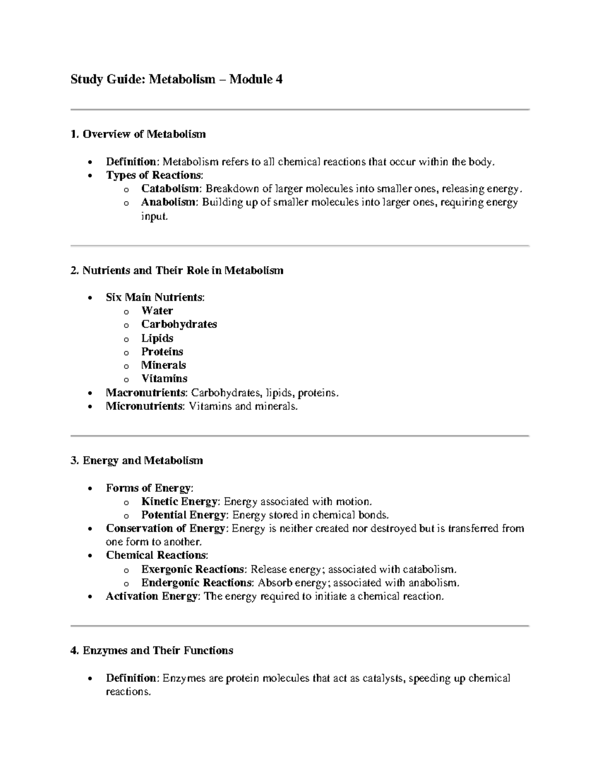 Study Guide: Metabolism Module 4 - Overview & Key Pathways - Studocu