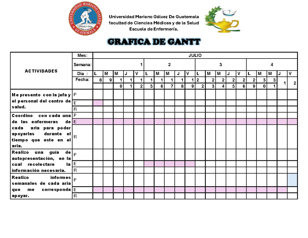 Gantt - ... - facultad de Ciencias Médicas y de la Salud Escuela de Enfermería. GRAFICA DE GANTT ...