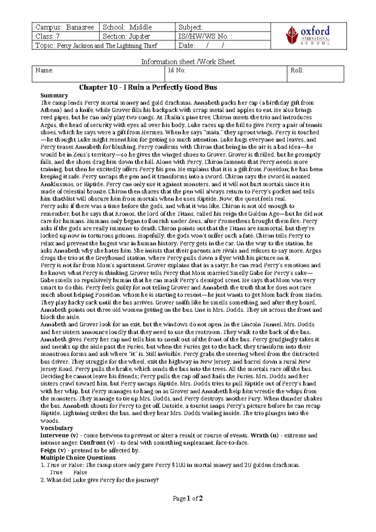 Chapter 10 Summary for Percy Jackson - The Lightning Thief IS//HW - Studocu