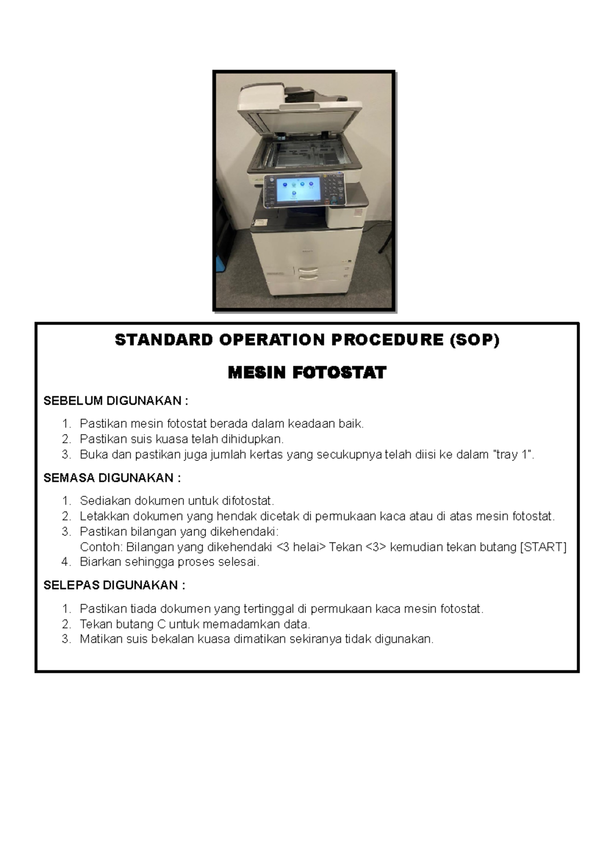 Mesin fotostat - STANDARD OPERATION PROCEDURE (SOP) MESIN FOTOSTAT ...
