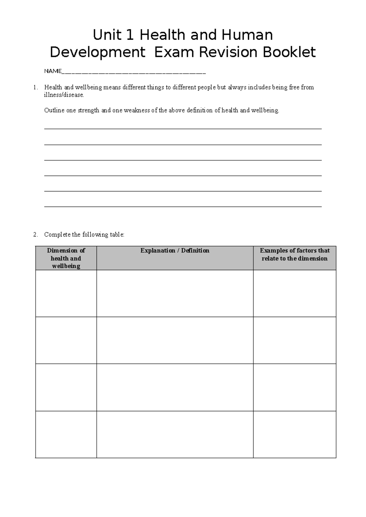Unit 1 Health and Human Development Exam Revision Guide - Studocu
