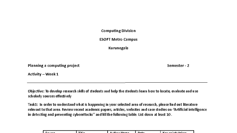 HND COM SE - Computing Project Planning & Research Skills Activity 1 ...