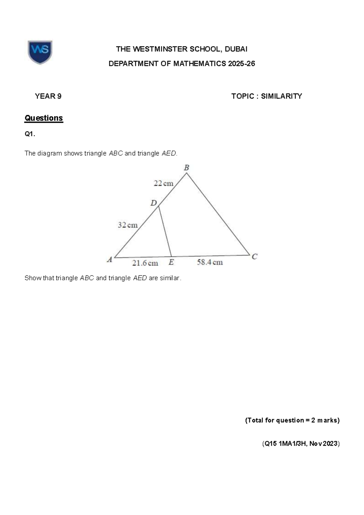 YEAR 9 MATHS: SIMILARITY QUESTIONS & SOLUTIONS - Studocu