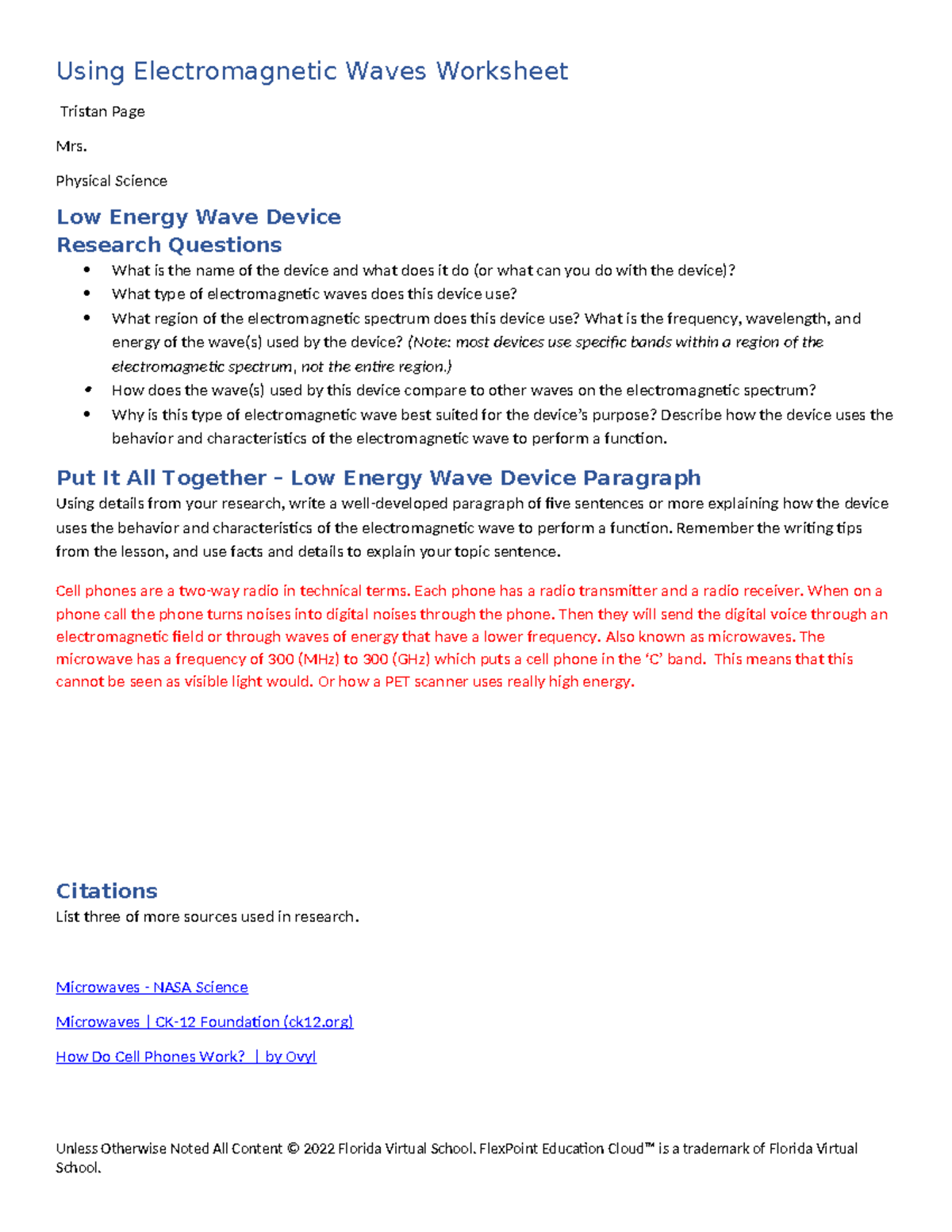 PS - 3.05 - Electromagnetic Waves & Low Energy Devices Worksheet - Studocu