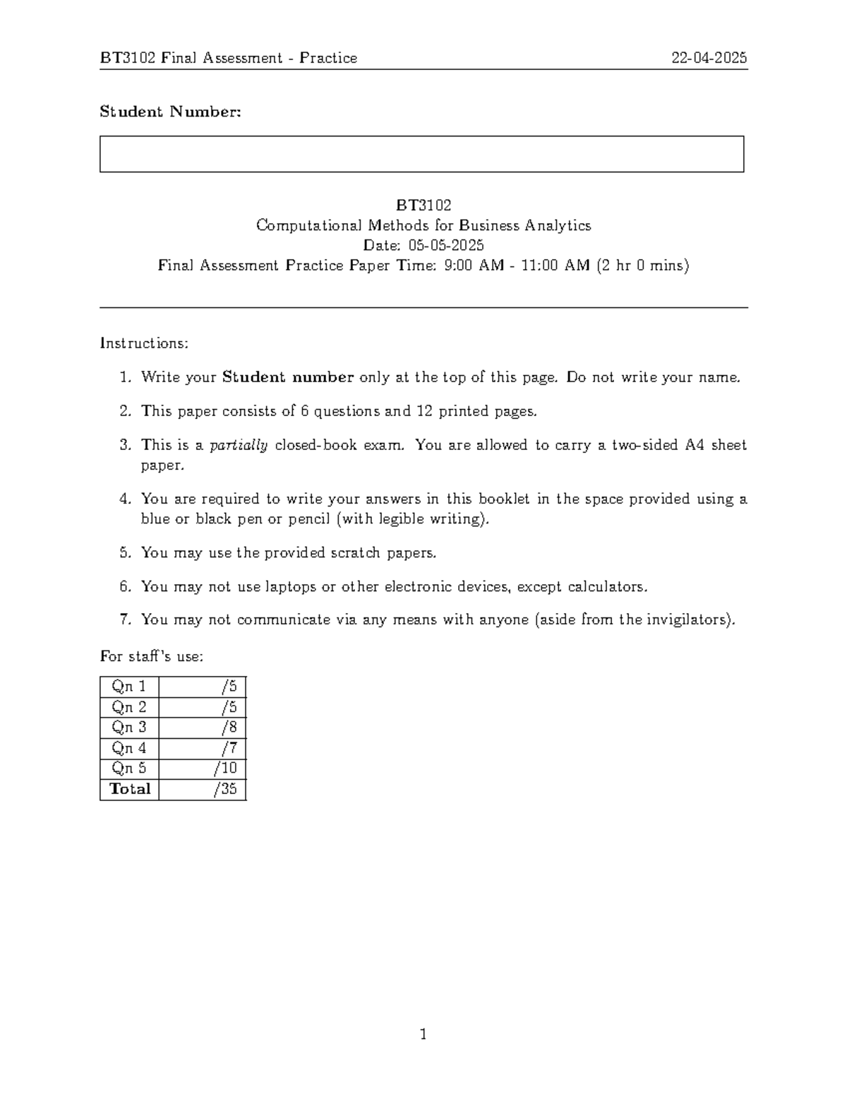 BT3102 Final Exam Practice: Computational Methods for Business ...