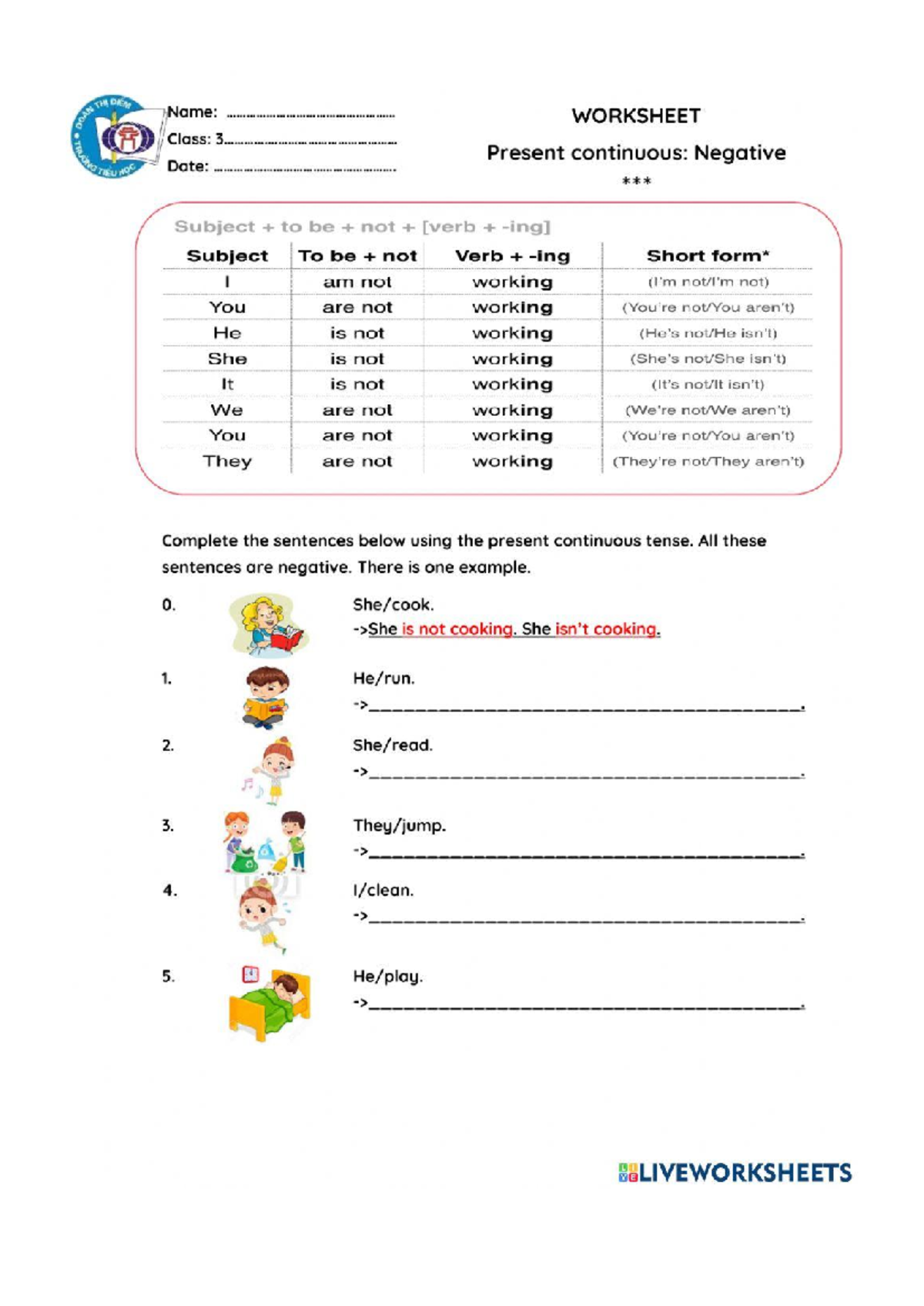 Present Continuous (HTTD) Negative Worksheet for Class 3 - Studocu