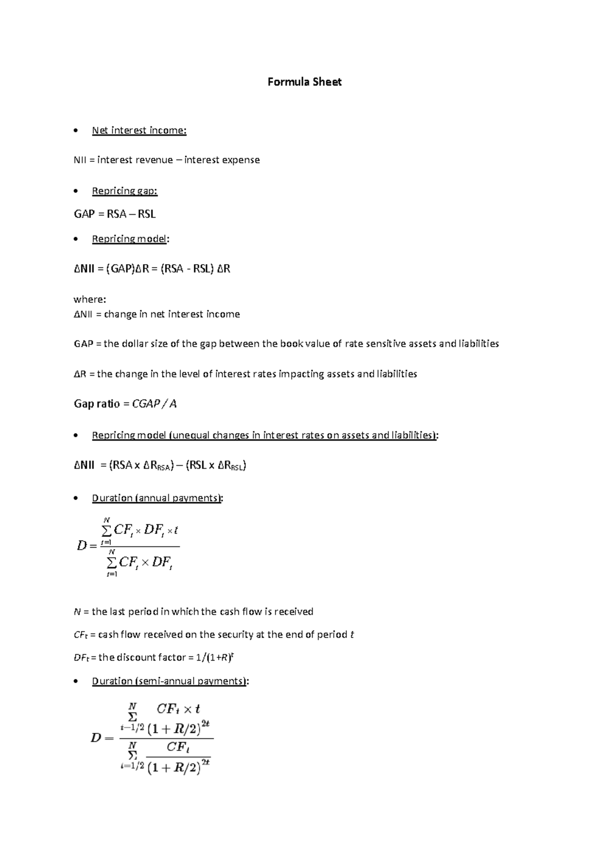 Formula Sheet: Net Interest Income & Repricing Gap Analysis (FIN 301 ...