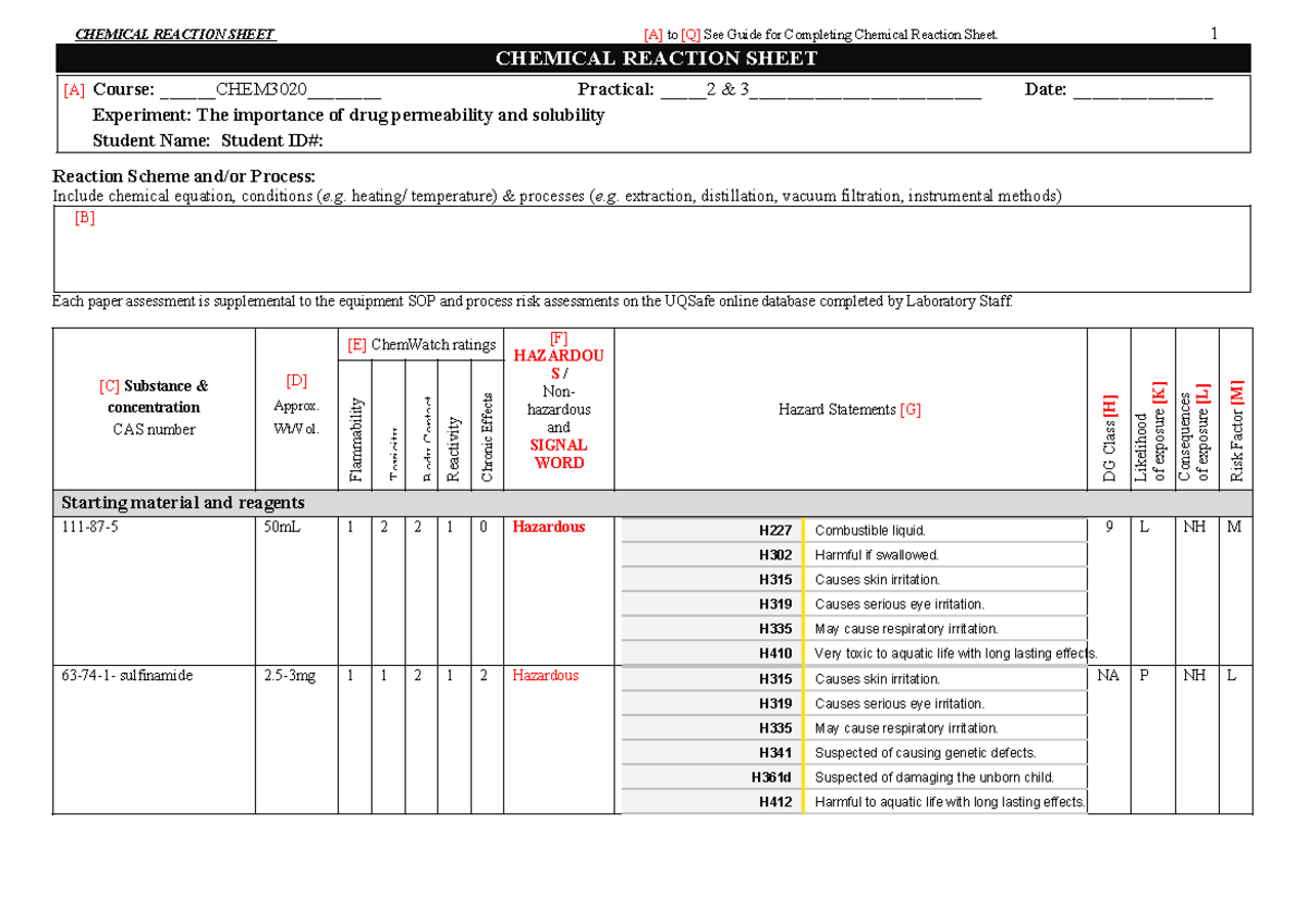 CHEM3XXX Chemical Reaction Sheet Template - Practical Guide (Feb 2024 ...