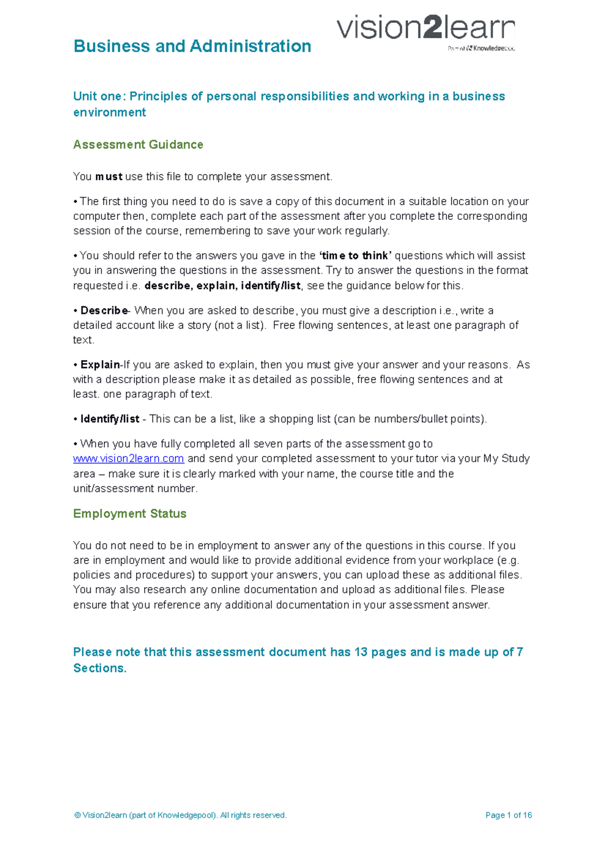 Business Admin U1 Assessment: Principles of Personal Responsibilities ...