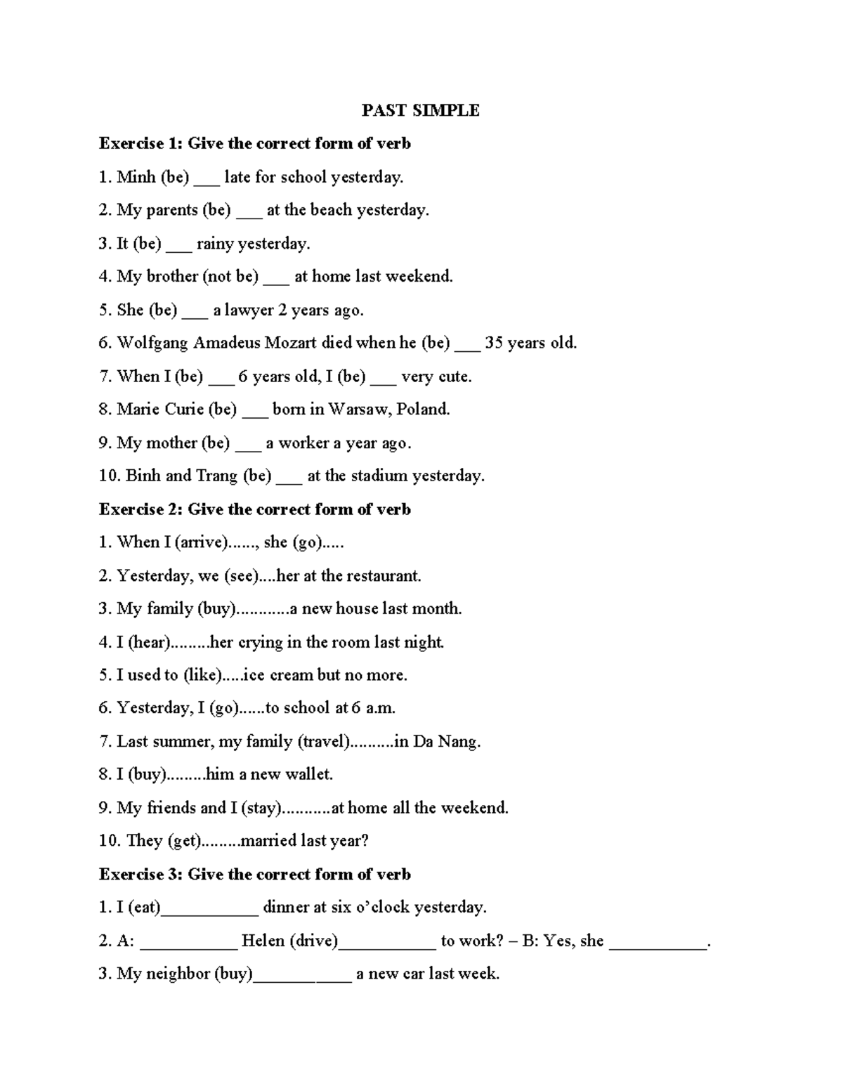 PAST SIMPLE Exercises: Verb Forms Practice - Studocu