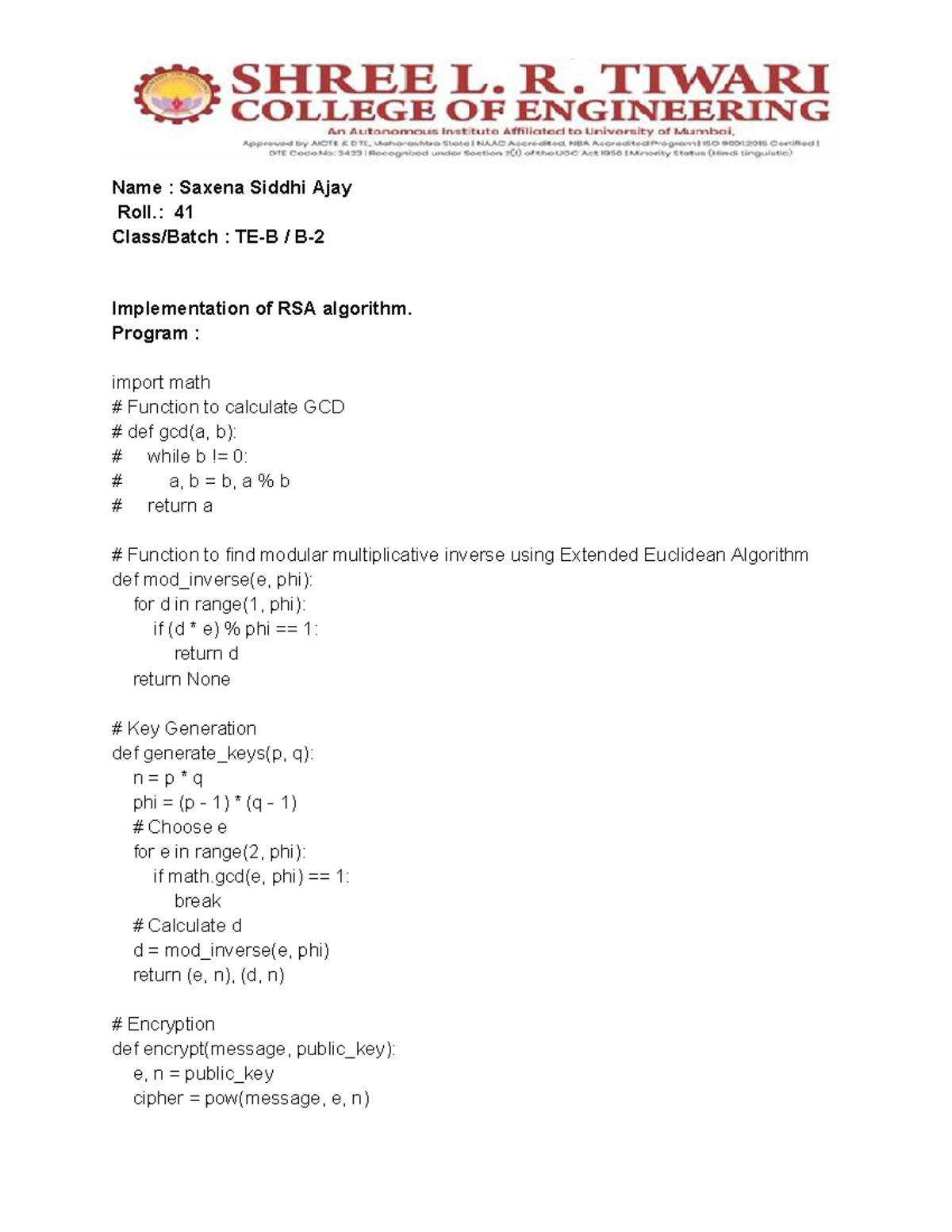 Implementation of RSA Algorithm - Exp4 - Siddhi Saxena - Studocu