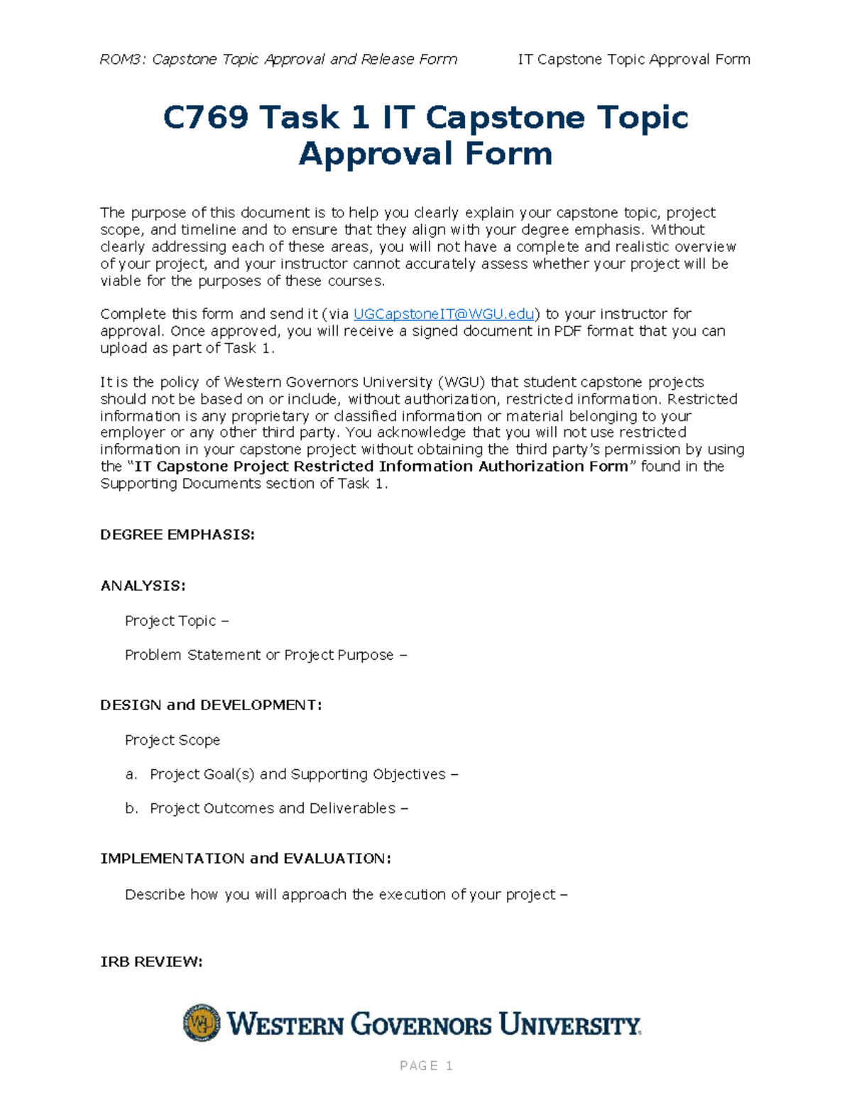 ROM3: IT Capstone Topic Approval Form C769 Task 1 Guide - Studocu