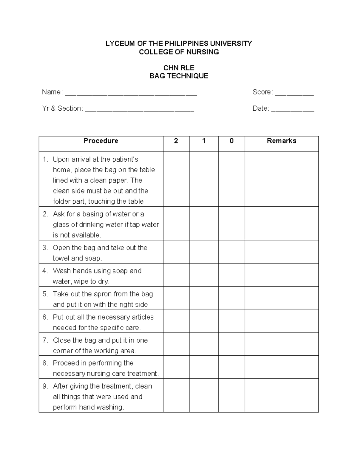 CHN RLE Bag Technique Checklist for Nursing Practice - Studocu