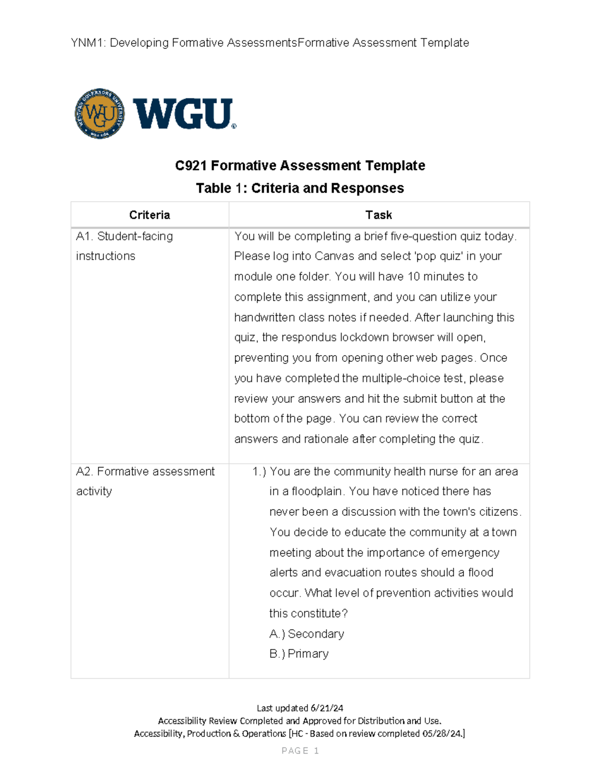 Formative Assessment -C921 - C921 Formative Assessment Template Table 1 : Criteria and Responses ...