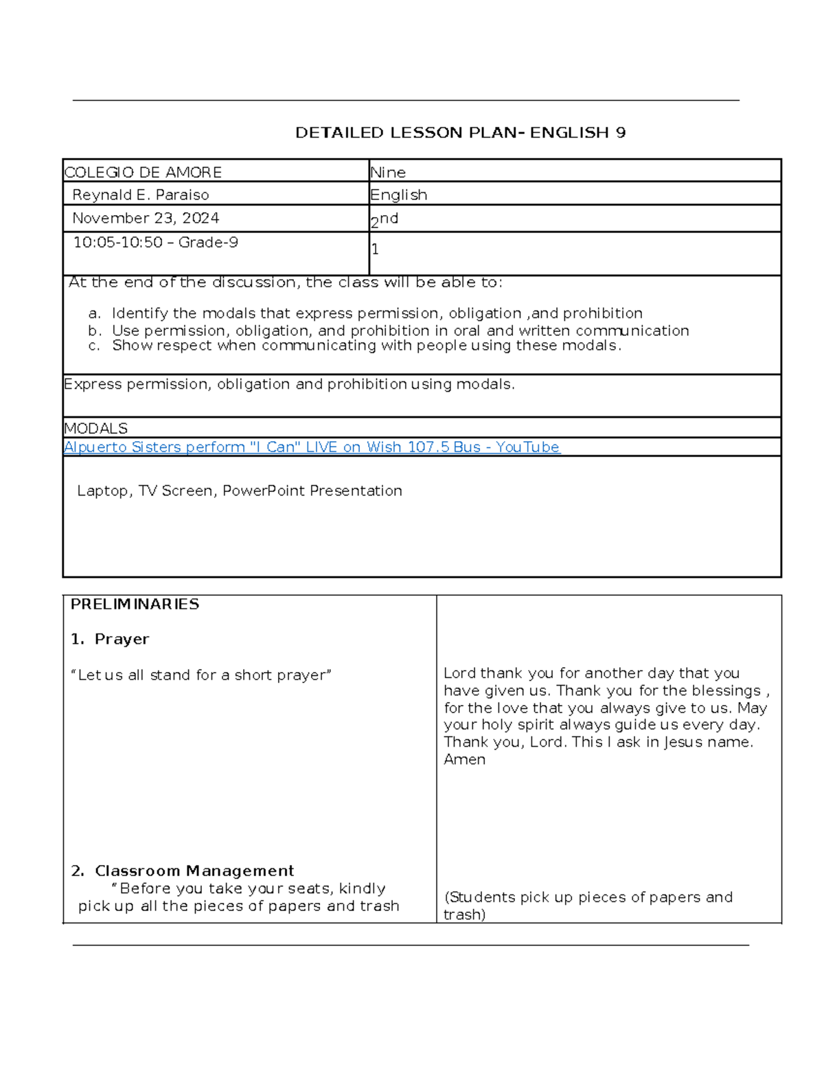 ENG 9 Lesson Plan: Modals - Permission, Obligation, and Prohibition ...