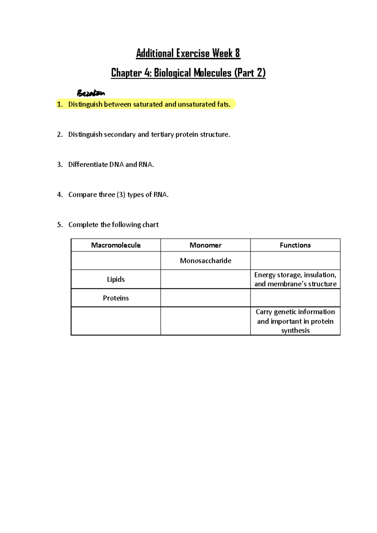 BIO122 Tutorial Week 8 - bio - Additional Exercise Week 8 Chapter 4: Biological Molecules (Part ...