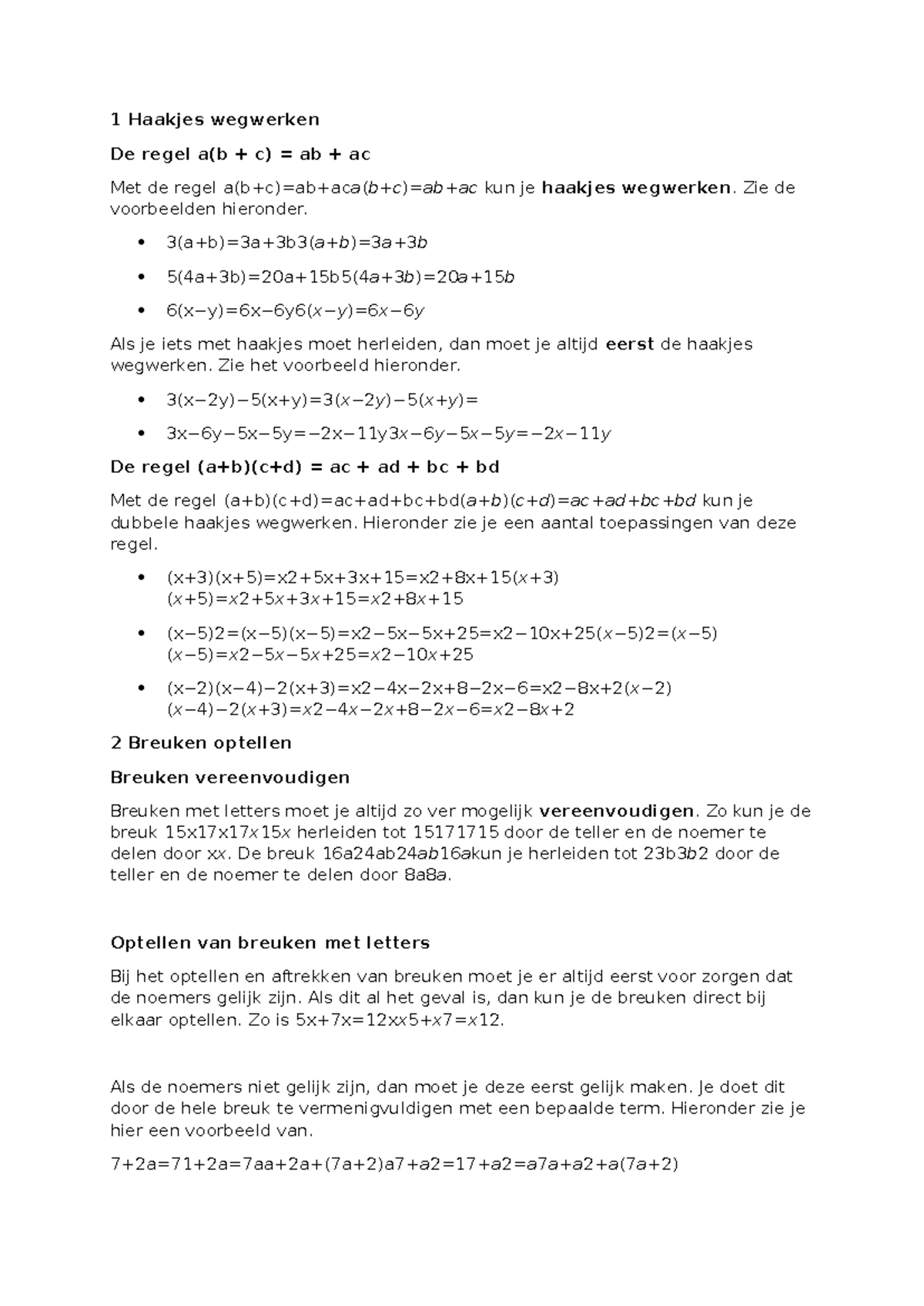 Wiskunde 2 - Haakjes en Breuken Optellen Lesnotities - Studeersnel
