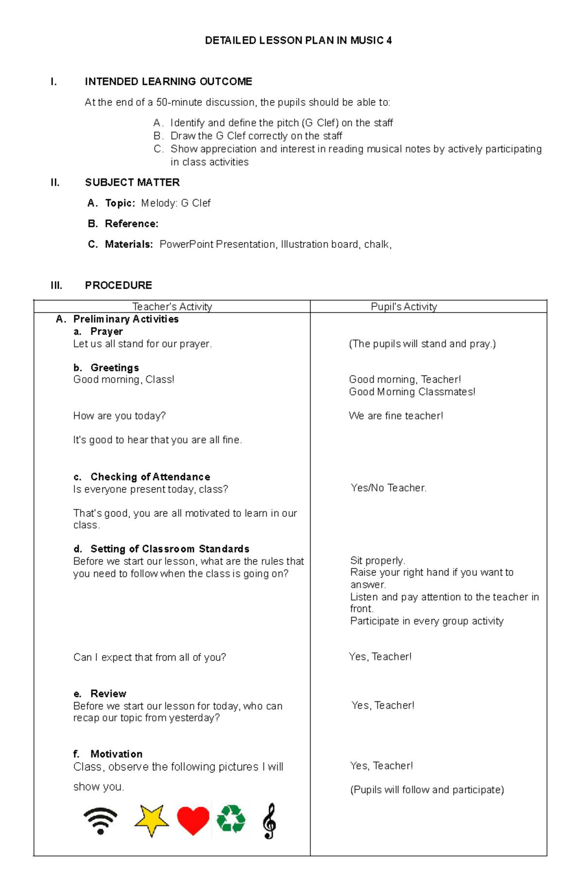 Lesson Plan: Understanding G Clef in Music 4 - Studocu