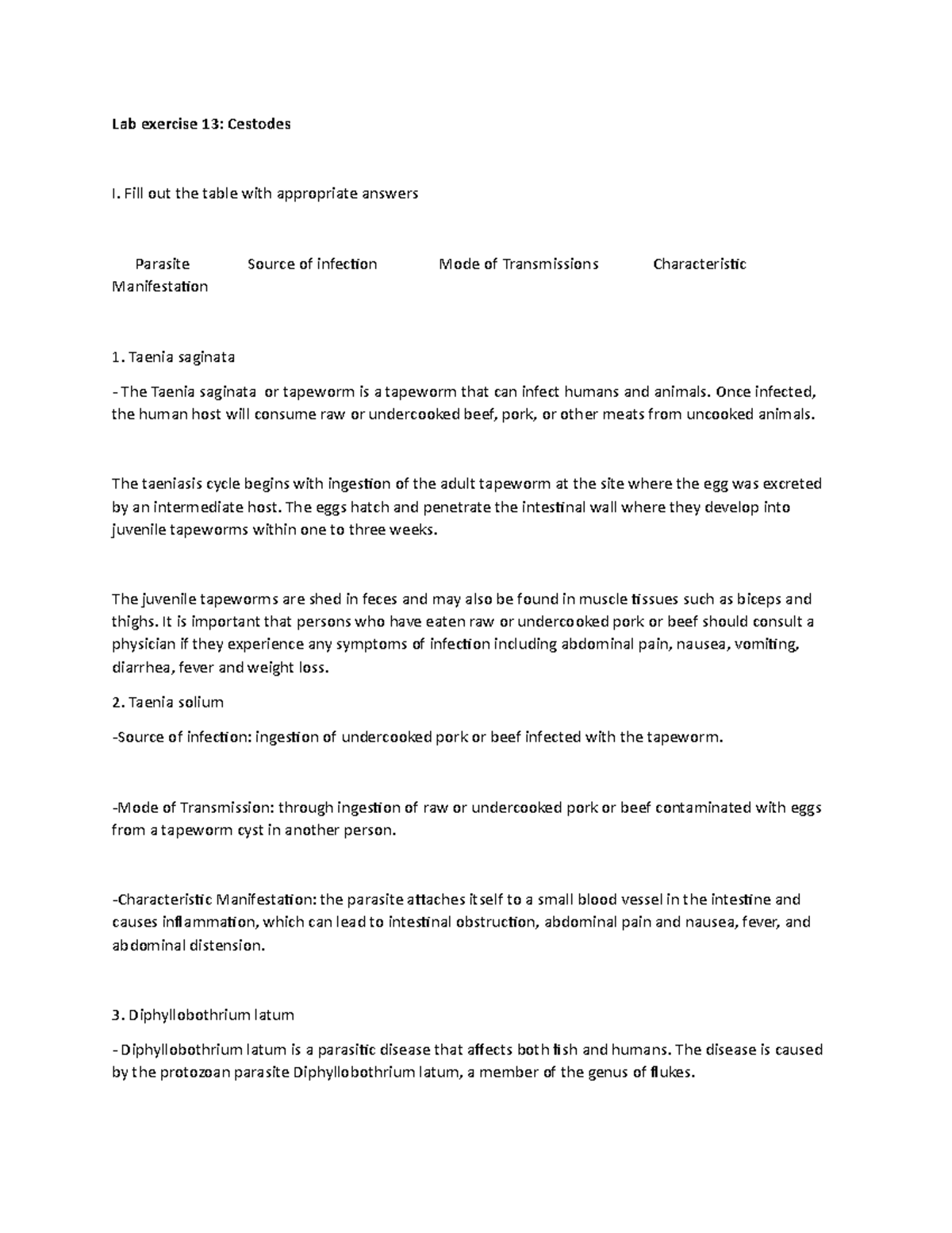 Lab exercise 13 - regvnbr - Lab exercise 13: Cestodes I. Fill out the ...