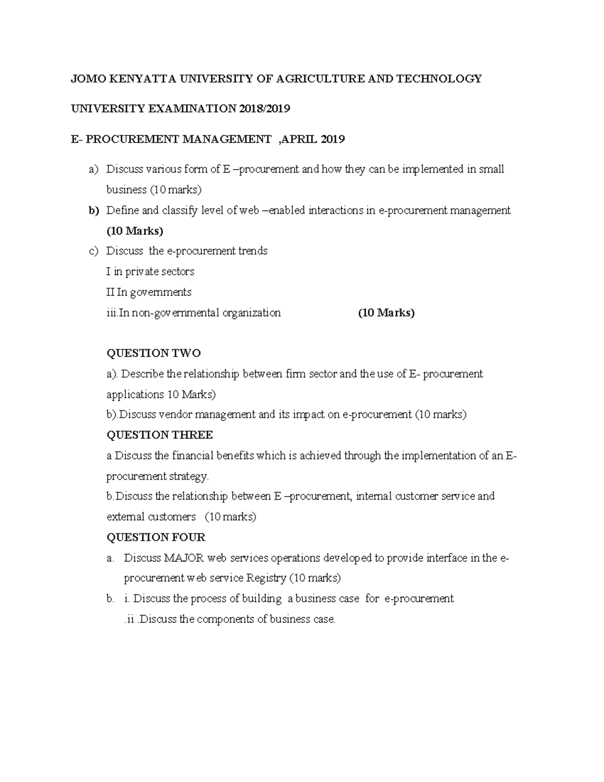 E-Procurement Management Exam Papers (JKUAT 2018/2019) - Studocu