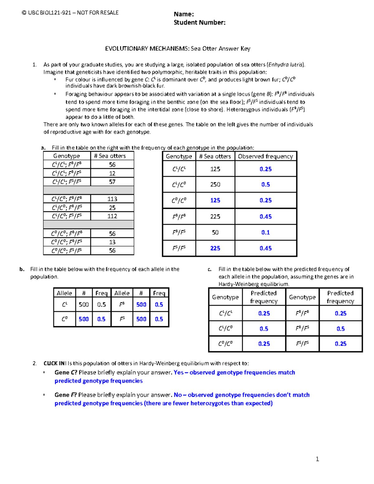 Worksheet #8 - Answers Hardy-Weinberg Equilibrium & Evolutionary ...