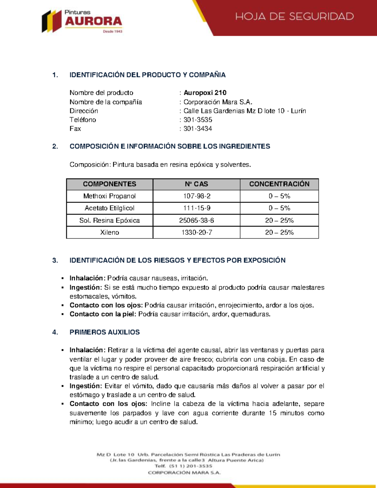MSDS Auropoxi 210 Rev - Información de Seguridad y Manejo - Studocu