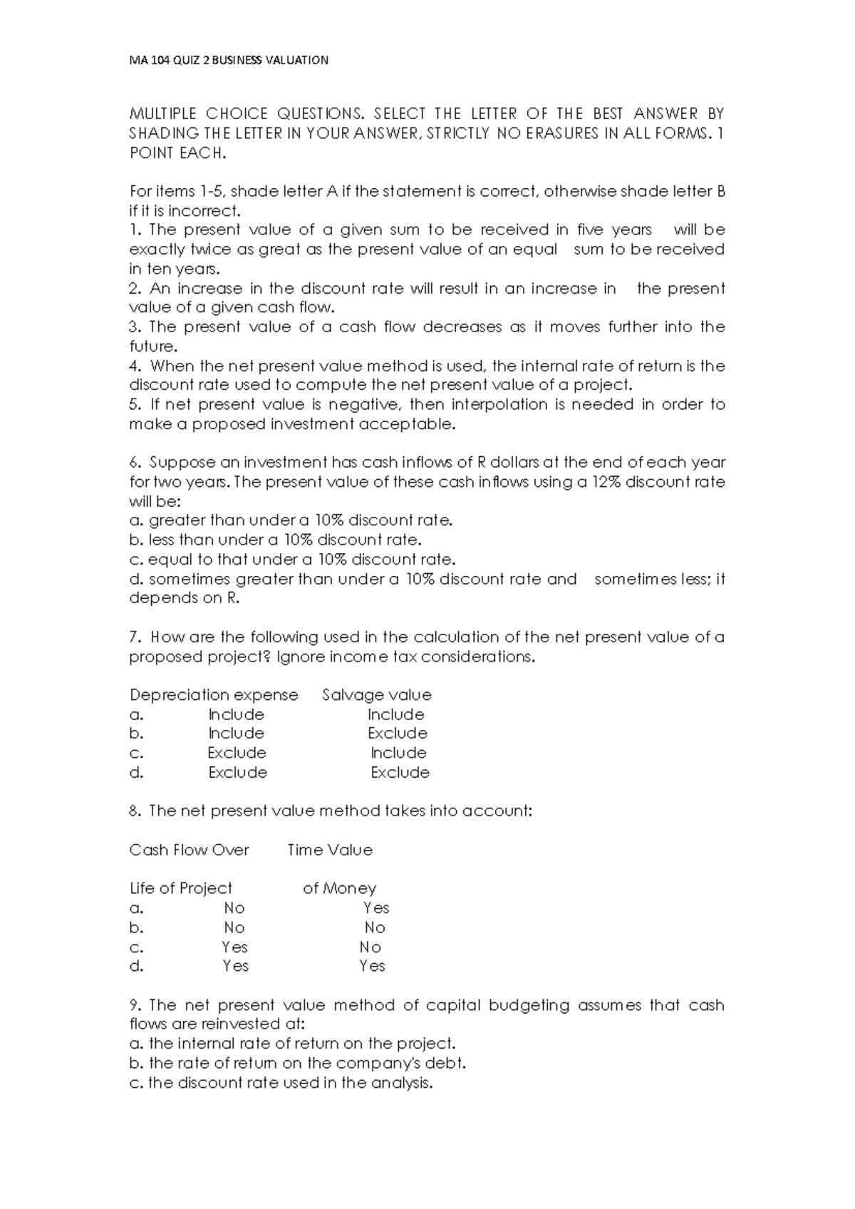 MA 104 QUIZ 2 BUSINESS VALUATION MULTIPLE CHOICE QUESTIONS - Studocu